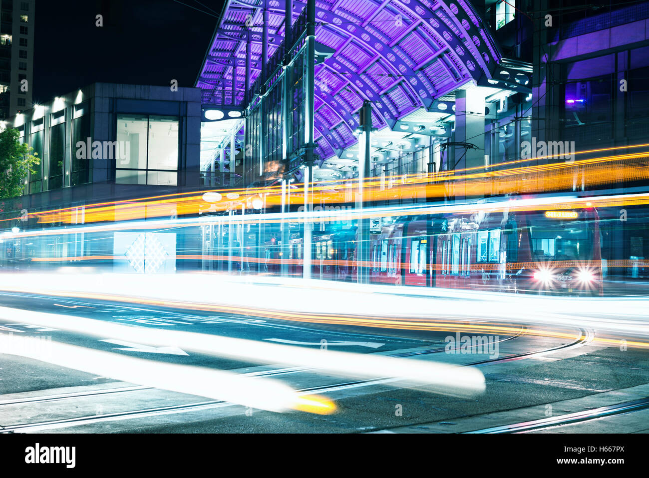 Car light streaks in downtown San Diego, California, USA Stock Photo ...