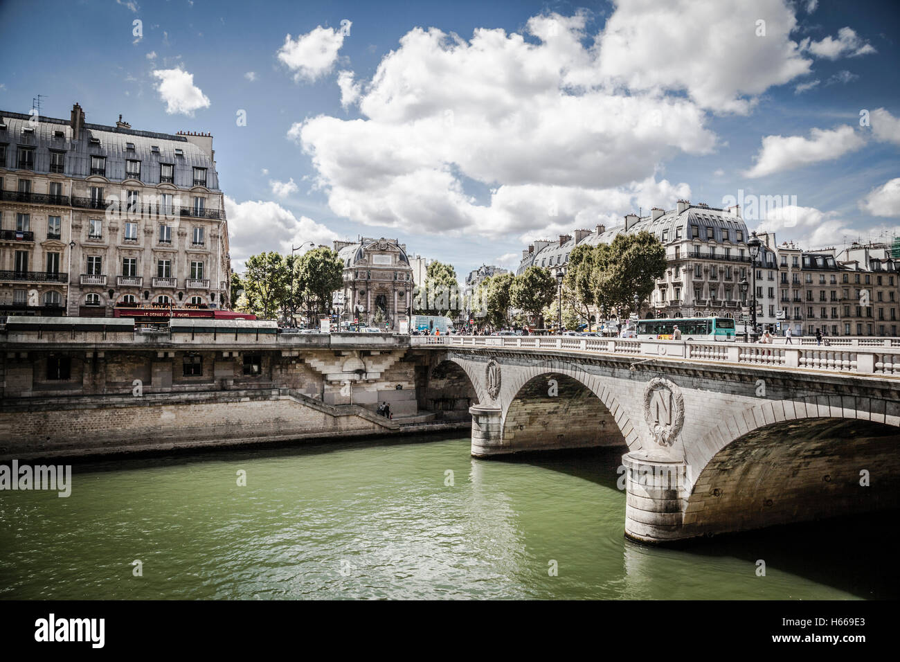 Street view of Place Saint-Michel with ancient fountain, Paris Stock ...