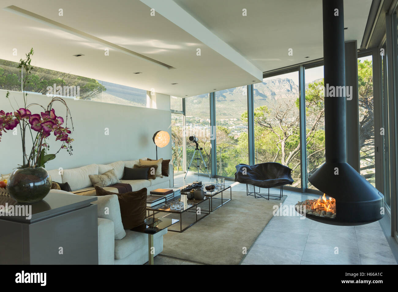 Luxury modern fireplace and home showcase living room Stock Photo - Alamy