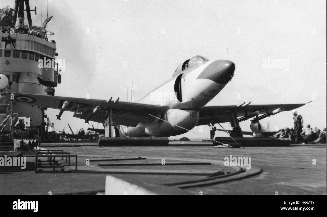 Royal Navy Fleet Air Arm Supermarine Attacker aircraft on the flight deck of aircraft carrier ...