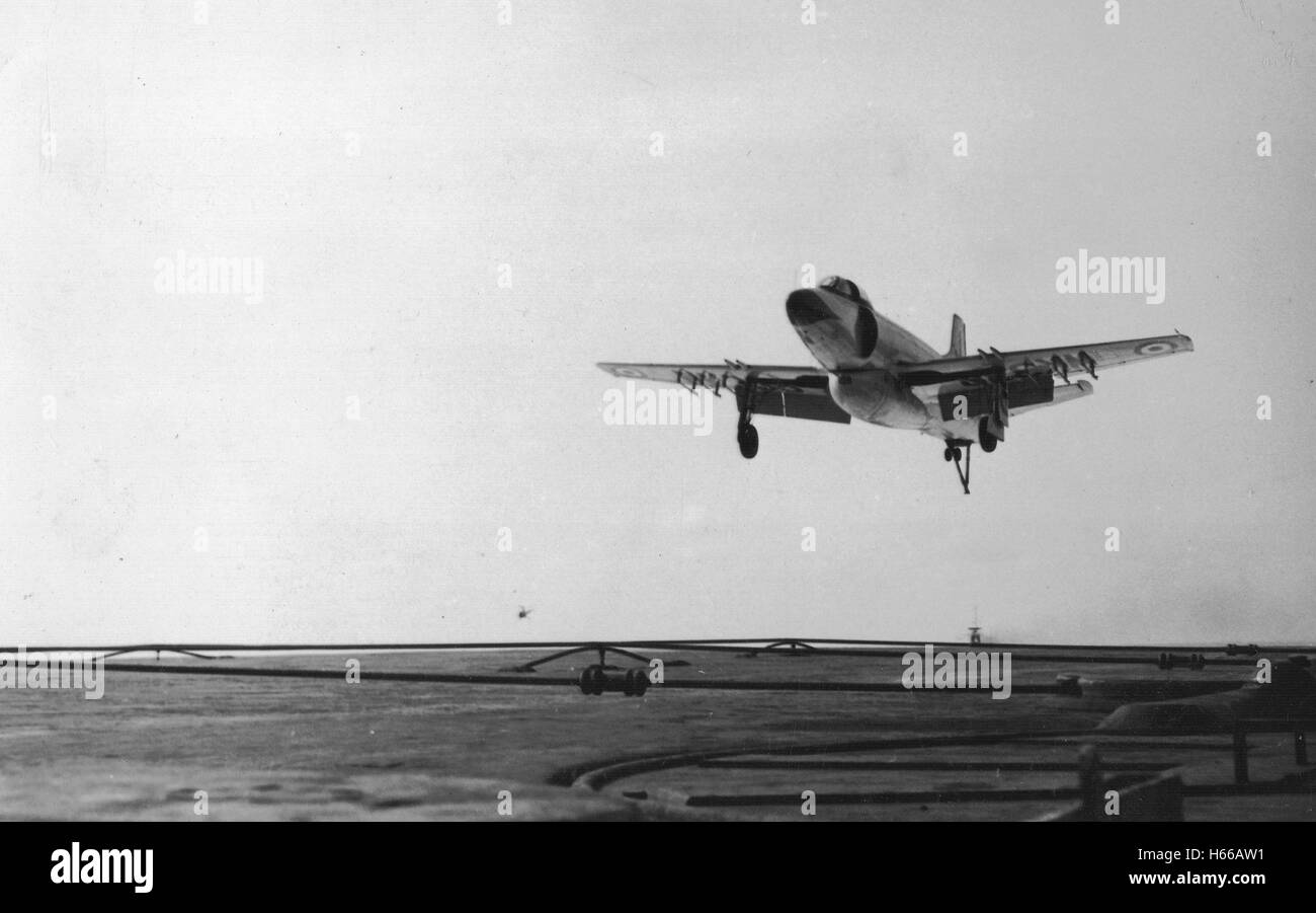 Royal Navy Fleet Air Arm Supermarine Attacker aircraft approached the ...