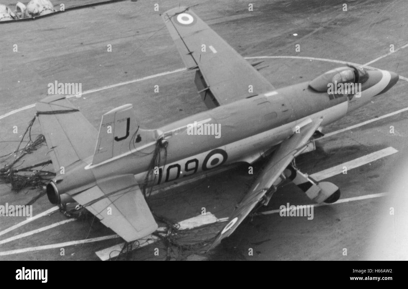 Royal Navy Fleet Air Arm Supermarine Attacker aircraft crash landed on ...