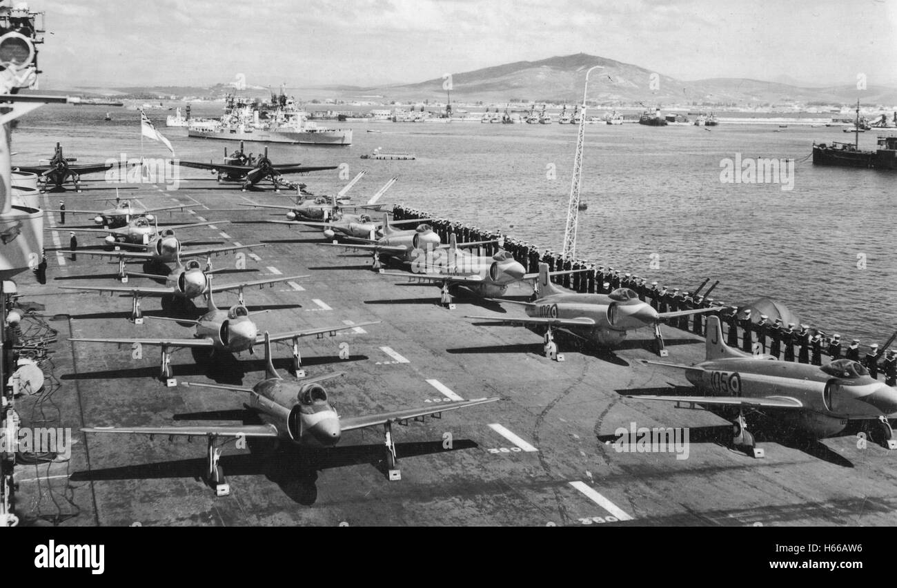 Royal Navy Fleet Air Arm Supermarine Attacker aircraft on the flight ...