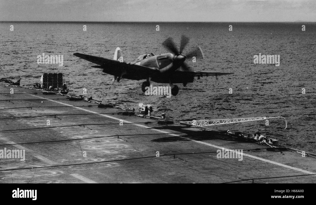 Fairey Firefly fighter lands on the flight deck of Royal Navy aircraft ...