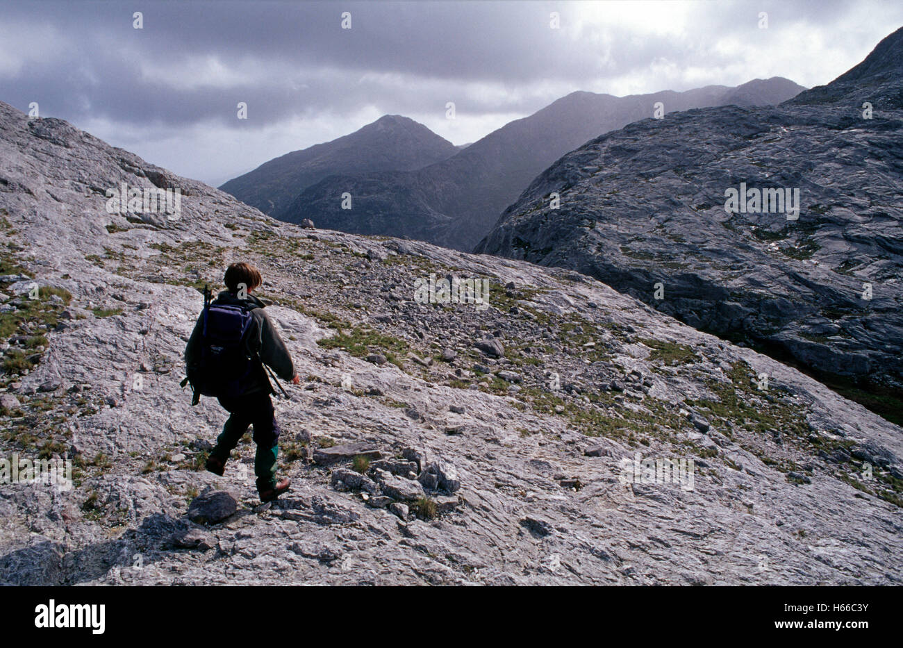 Walker in the Twelve Ben Mountains, Connemara, County Galway, Ireland ...