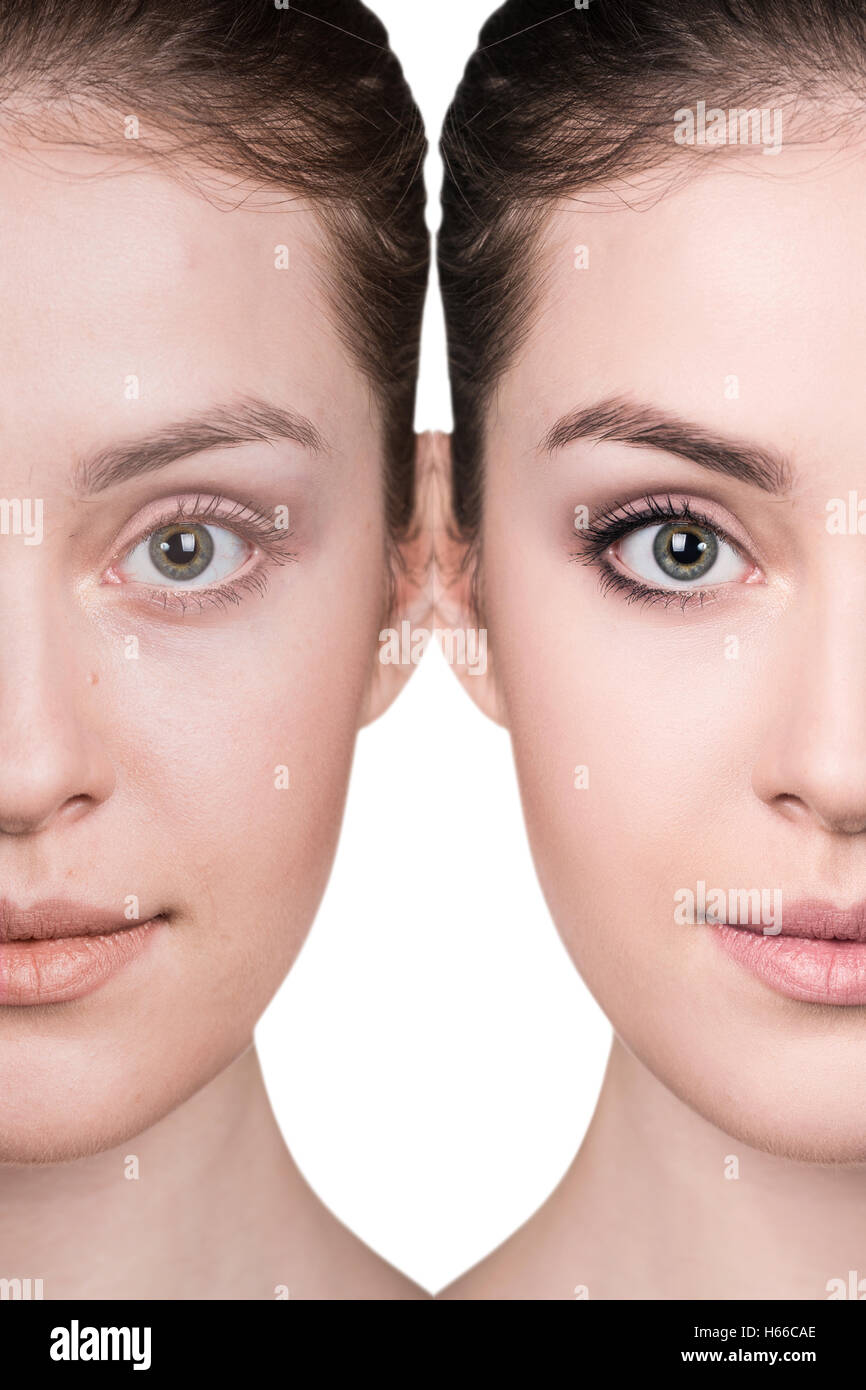 Comparative portrait of female face, without and with makeup Stock ...