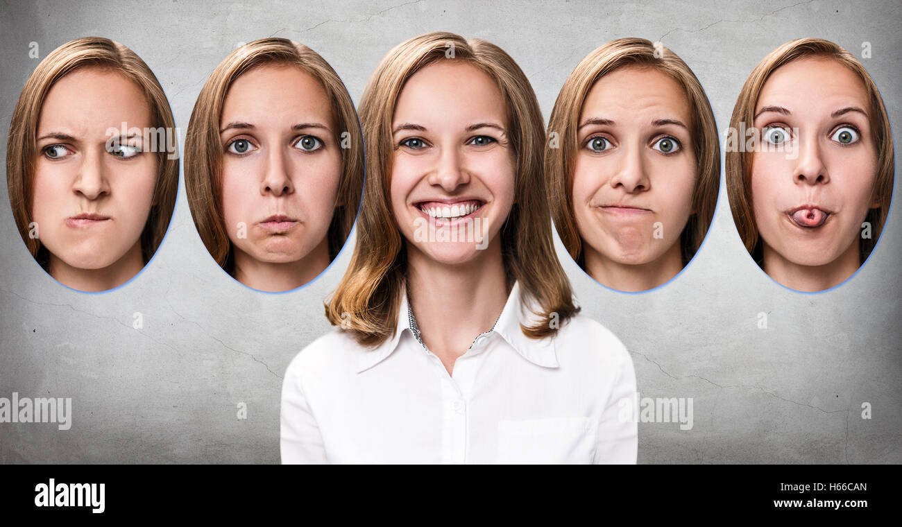 Young girl changes her face portraits with different emotions over gray ...