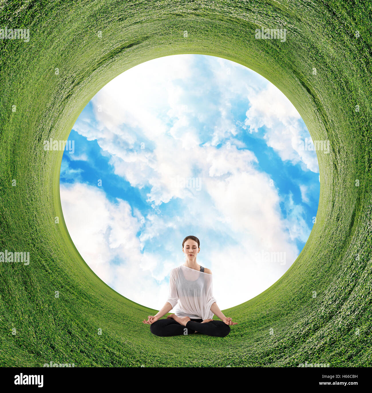 Stereographic panoramic projection of a green field with woman sitting ...