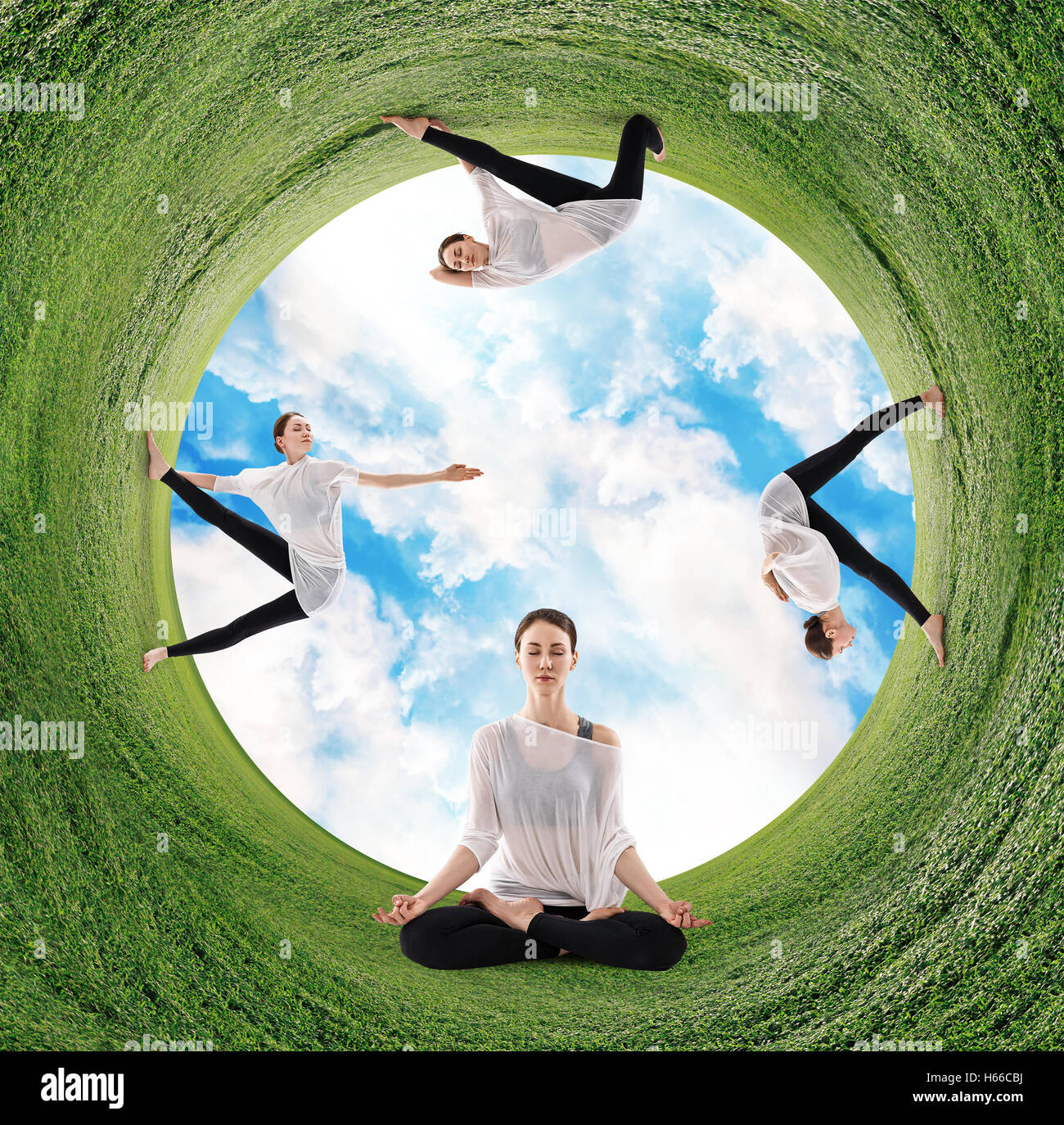 Stereographic panoramic projection of a green field with woman doing ...