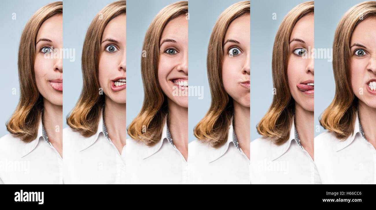 Half face collage of the same woman expressing different emotions over ...