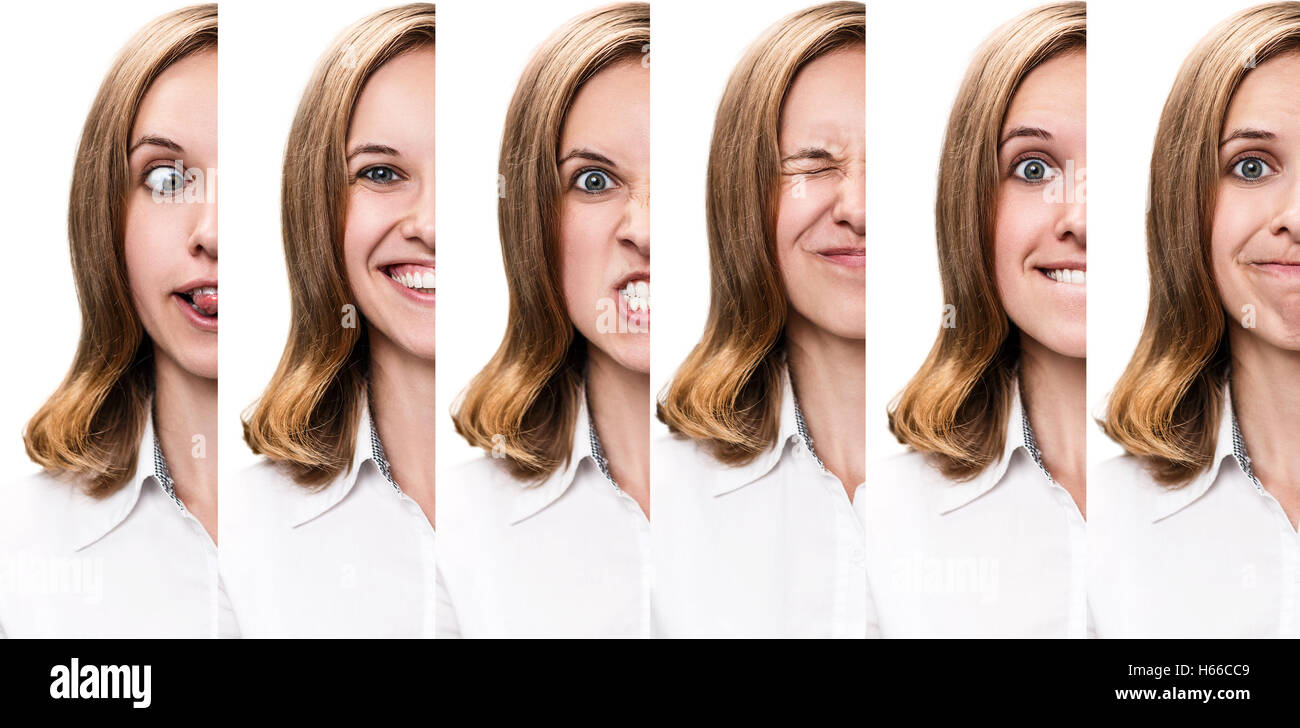 Half face collage of the same woman expressing different emotions ...