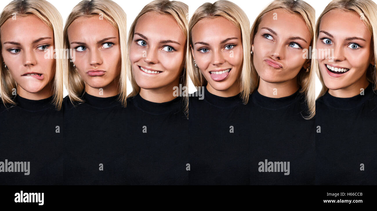 Collage of young funny woman showing grimace over white background ...