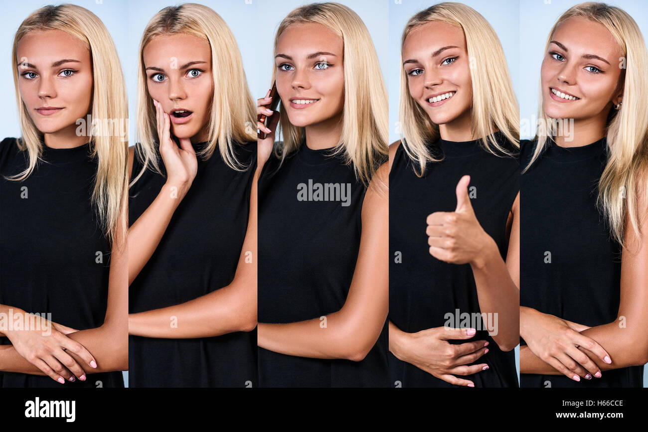 Collage of young smiling woman over blue background Stock Photo - Alamy