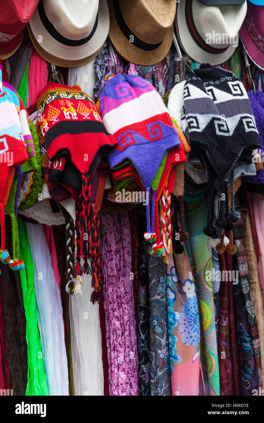 hats and scarves in a market in Peru Stock Photo - Alamy