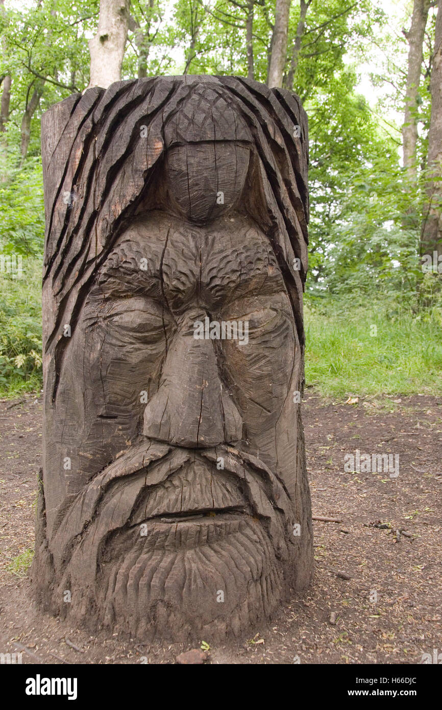 Wooden tree stump carved with the face of the green man, Meersbrook ...