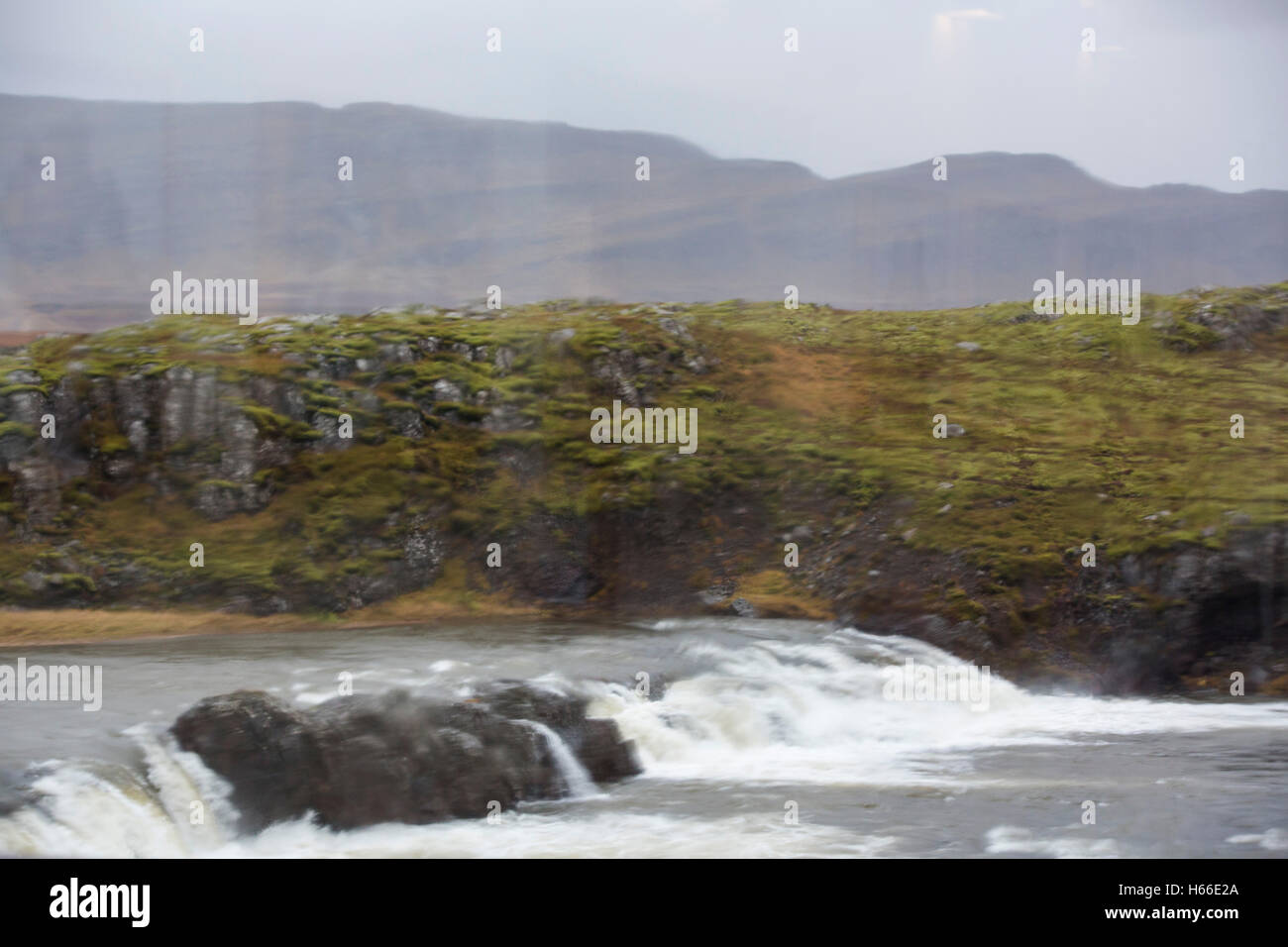 View through a wet window in Iceland, by the rivers of Borgarfjörður ...
