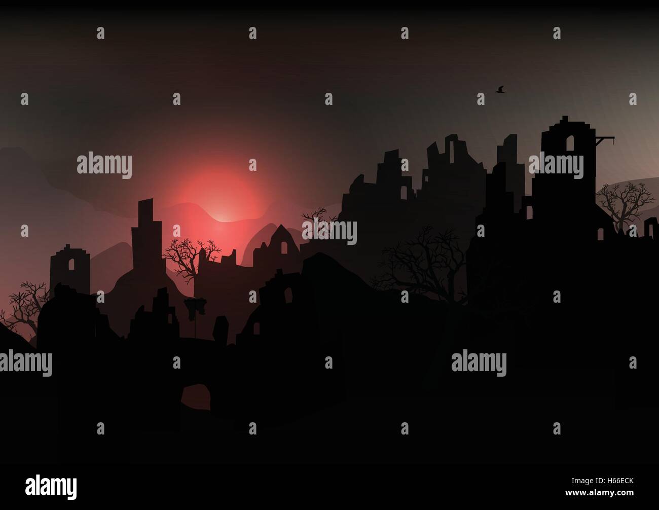 Horror Halloween Background Landscape with Ruins of a Castle and Dead ...