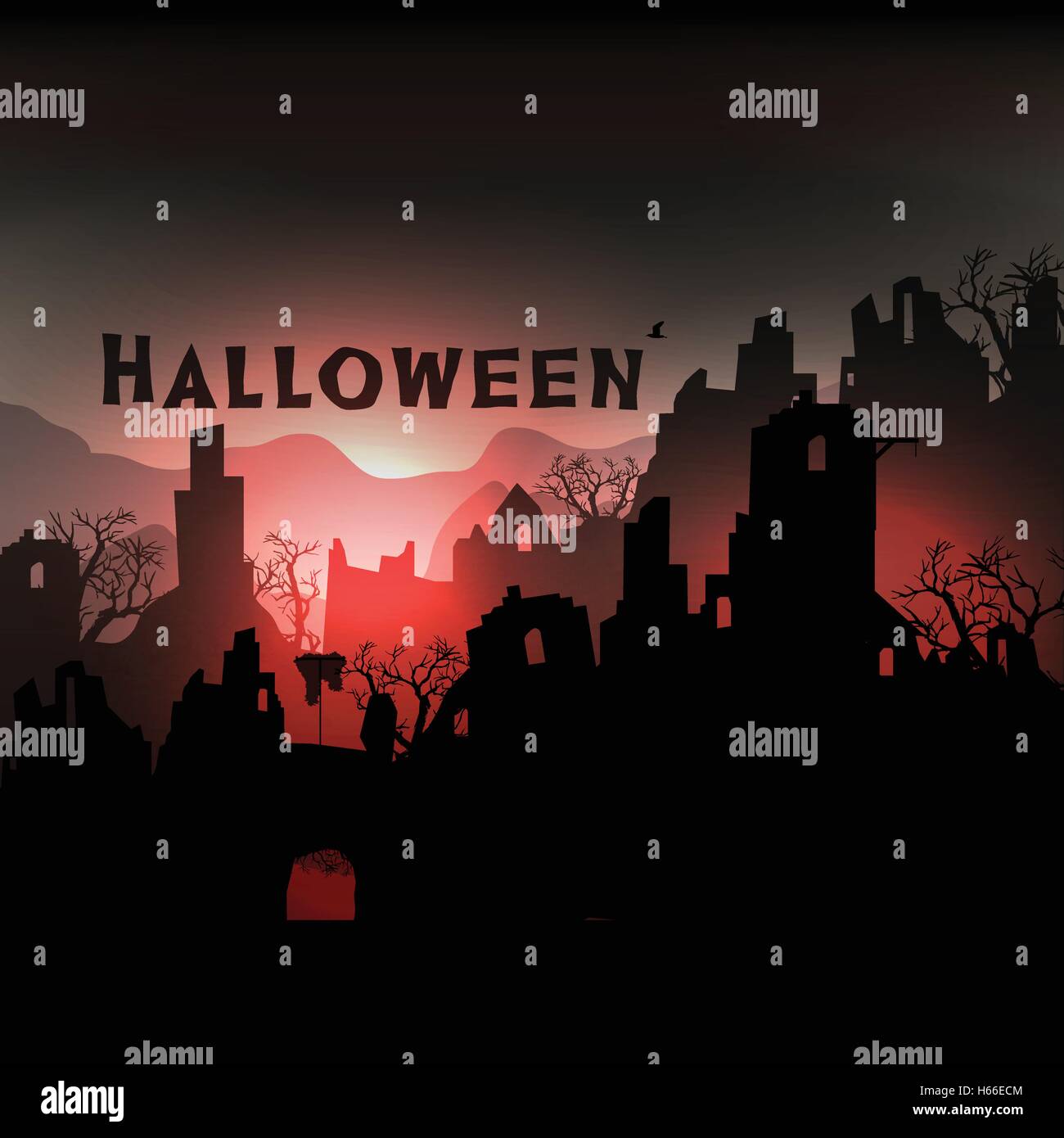 Horror Halloween Background Landscape with Ruins of a Castle and Dead ...