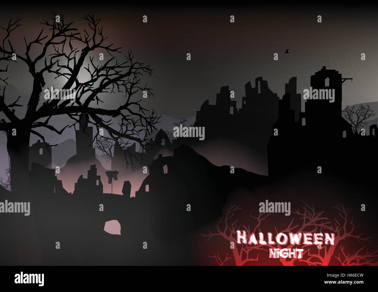 Horror Halloween Background Landscape with Ruins of a Castle and Dead ...