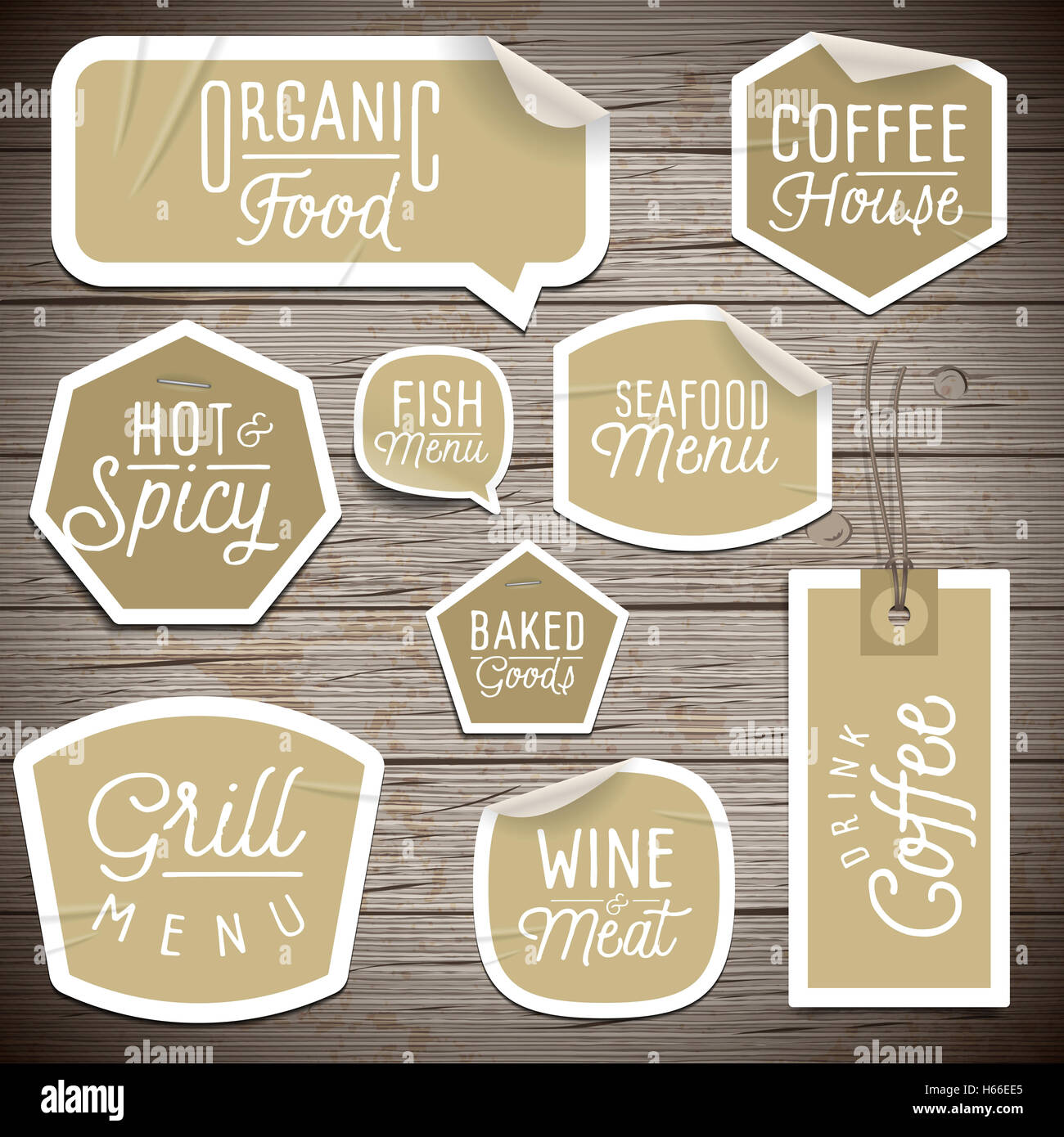 Stickers on rustic wood background for cafe and restaurant Stock Photo ...