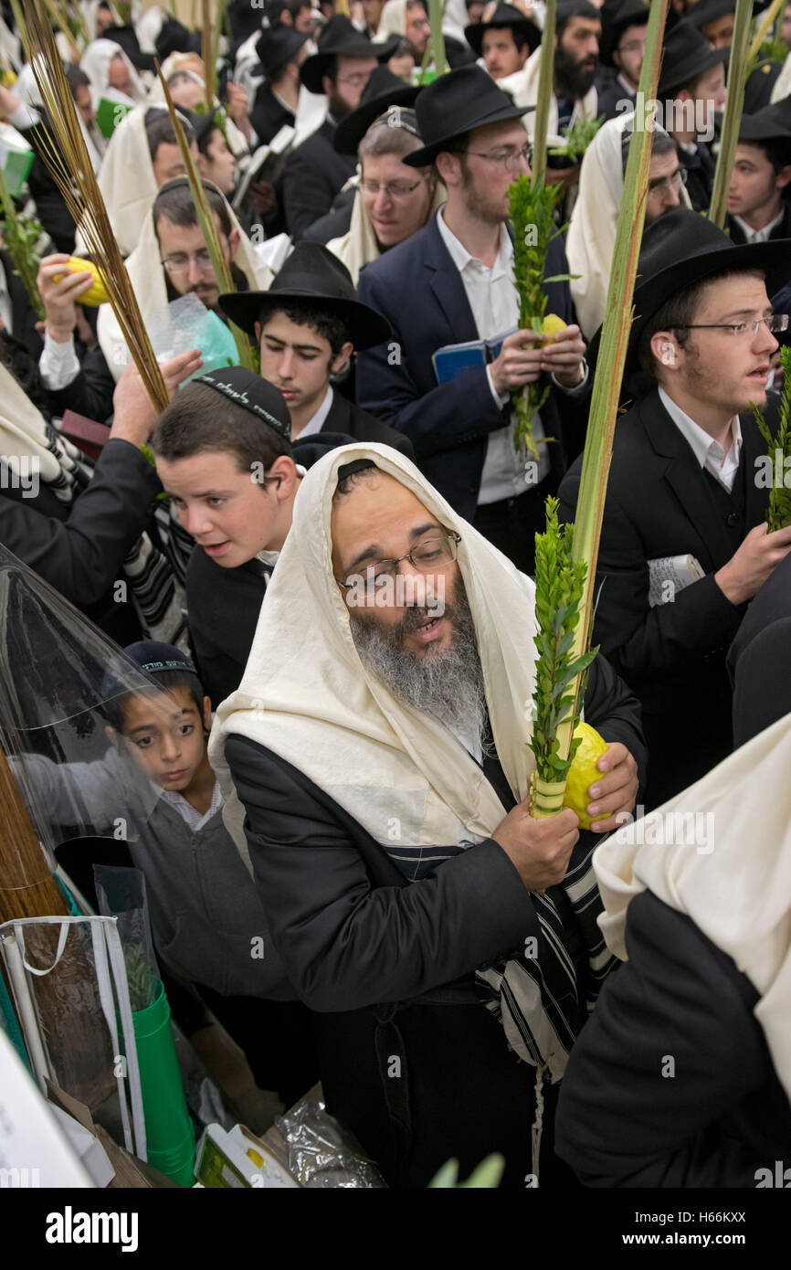 A religious Jewish man blessing an etrog & lulav in a crowded synagogue ...