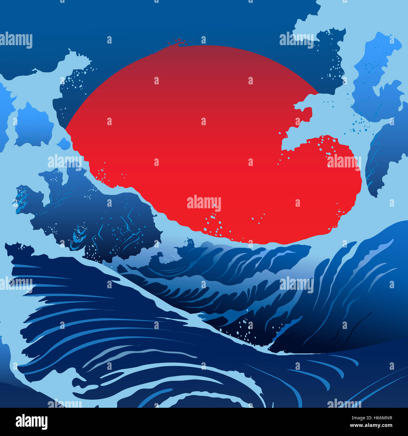 Blue Waves And Red Sun In The Japanese Style Stock Photo - Alamy