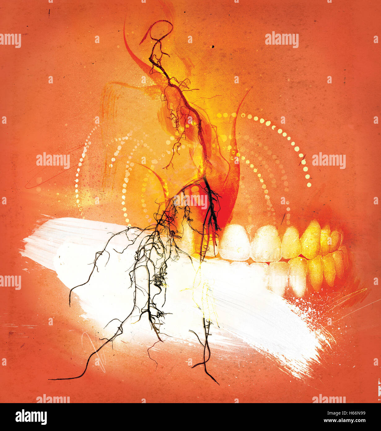 Human teeth and burning twigs on orange background Stock Photo - Alamy