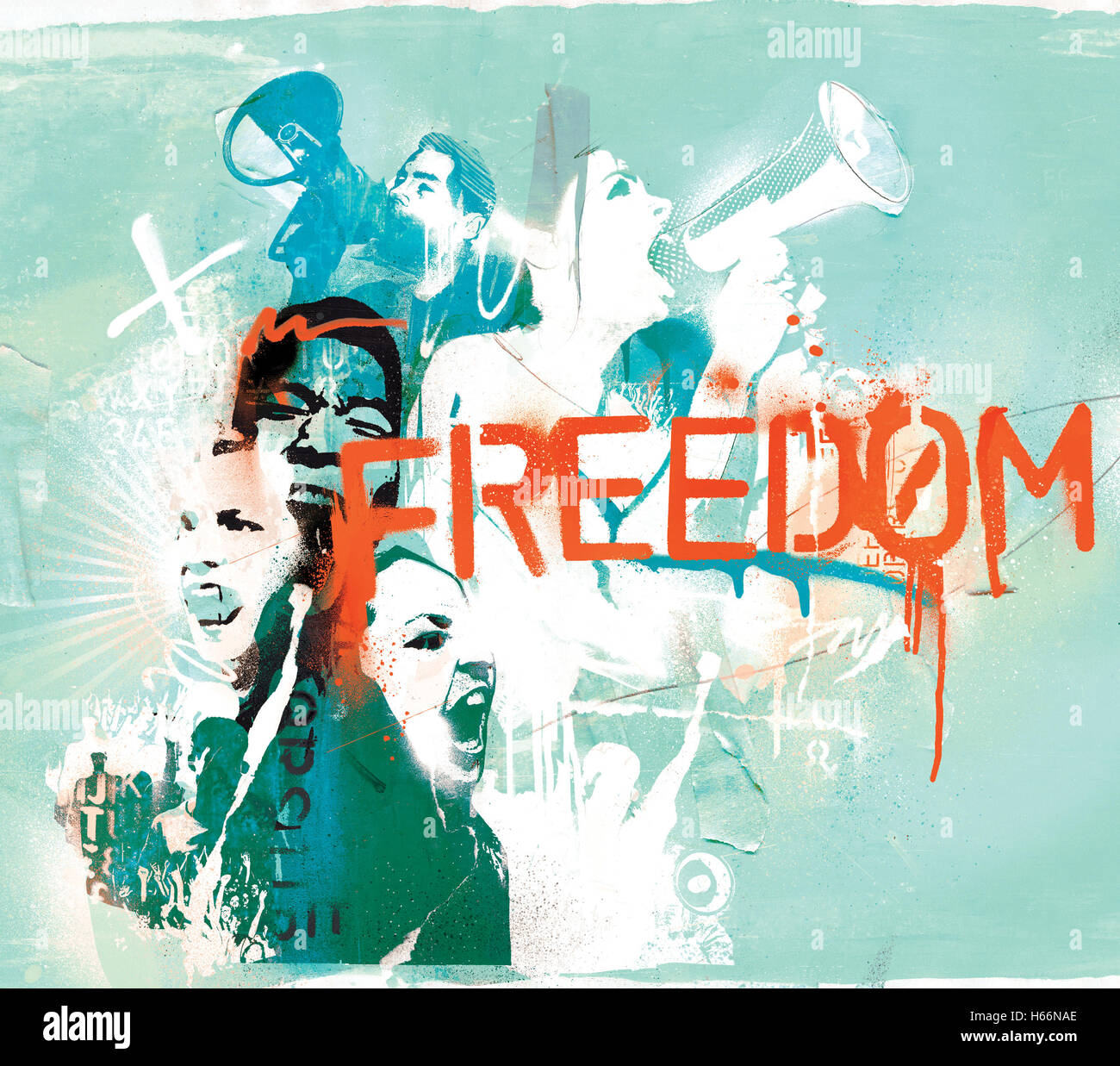 Word freedom over shouting people Stock Photo - Alamy