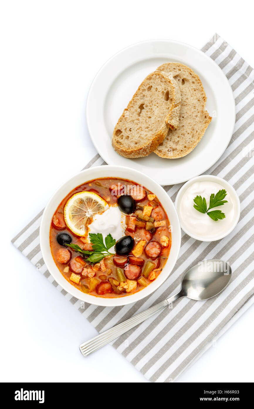 Solyanka - Russian traditional meat soup on white background Stock ...