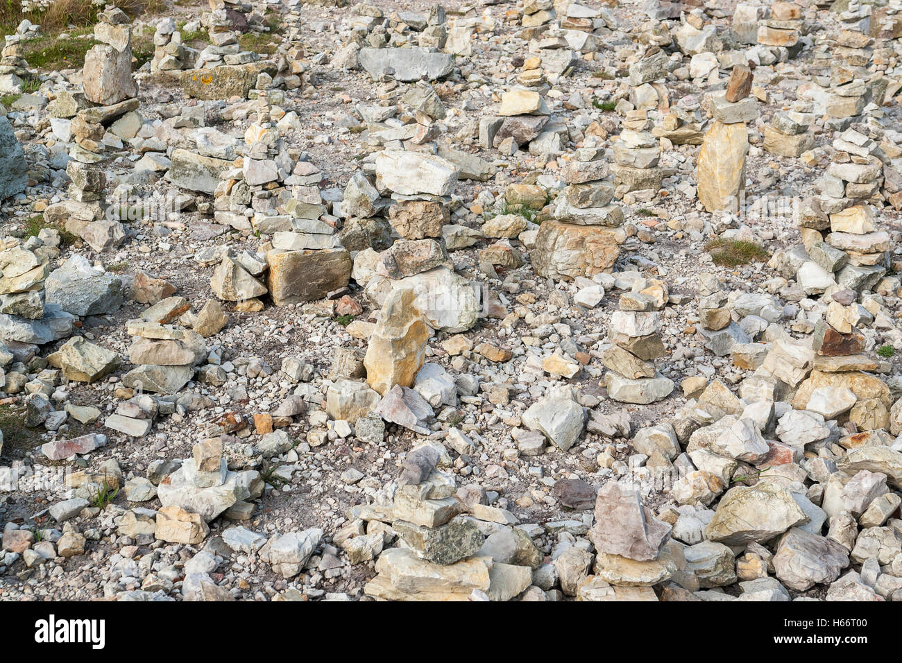 lots of small stacked stone piles at the Crozon peninsula around Pointe ...