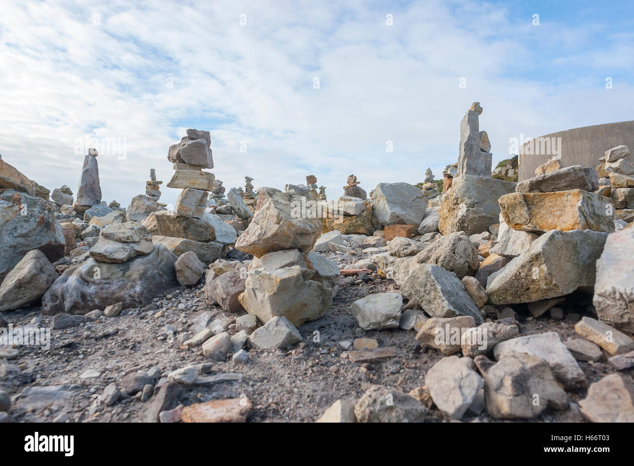 lots of small stacked stone piles at the Crozon peninsula around Pointe ...