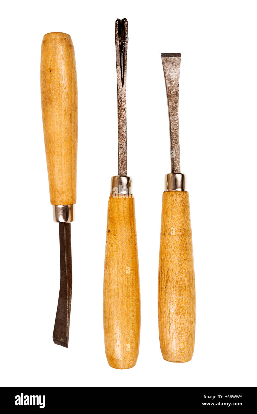 Three used chisels isolated on white background Stock Photo - Alamy
