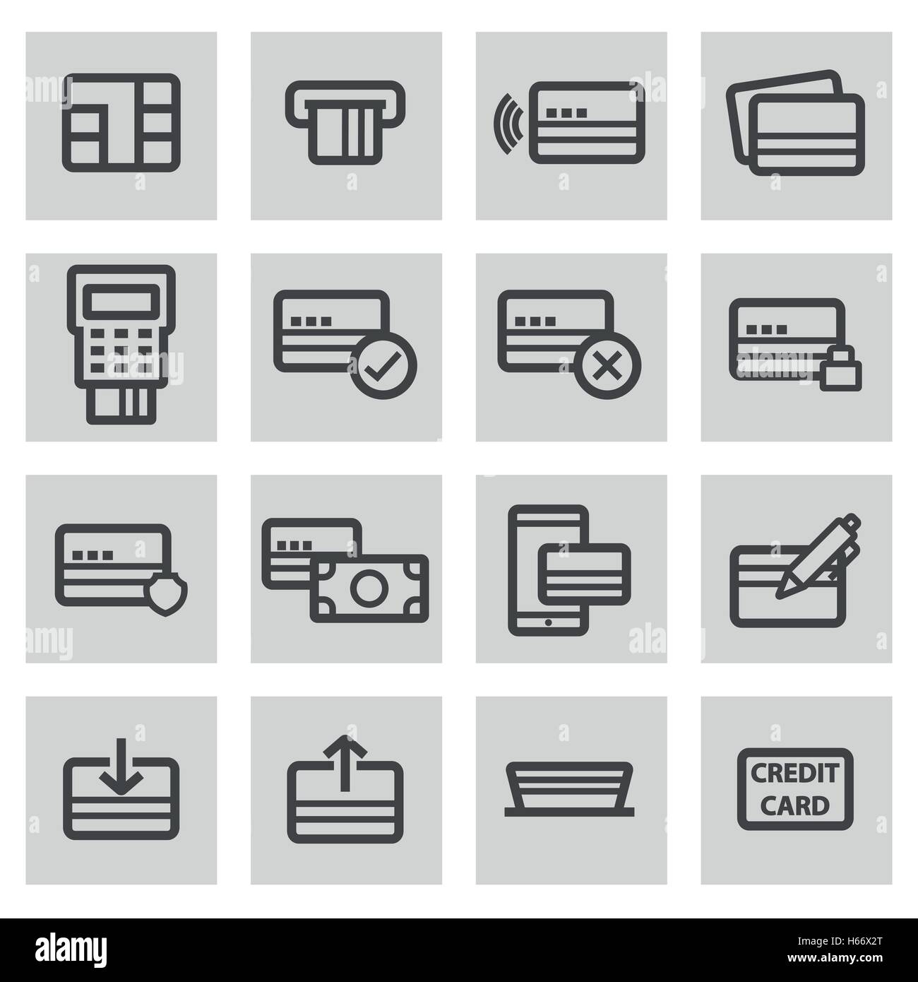 Vector black line credit card icons set on grey background Stock Vector ...