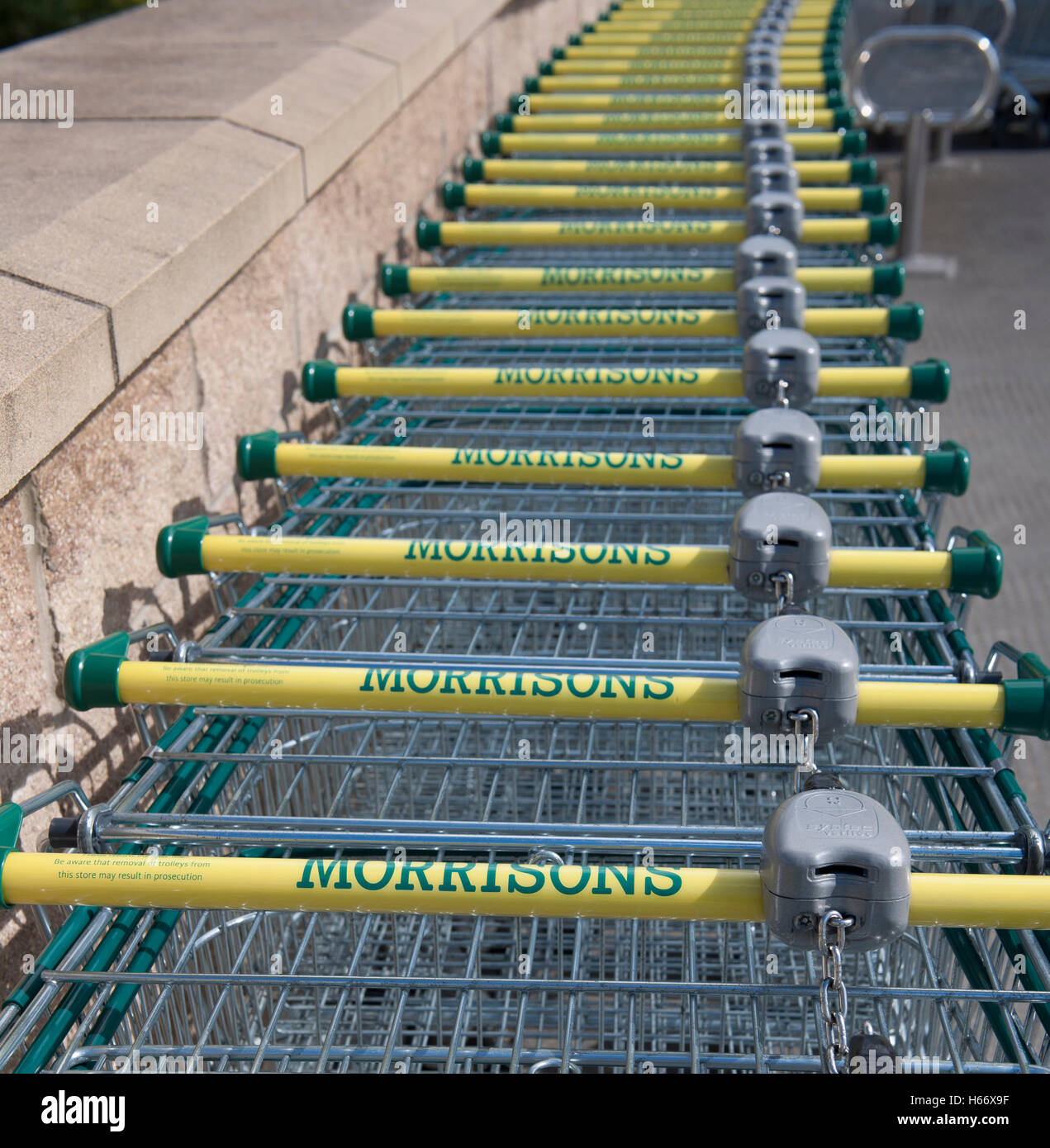 Shopping trolleys lined up at Morrisons, Morpeth, Northumberland, UK ...