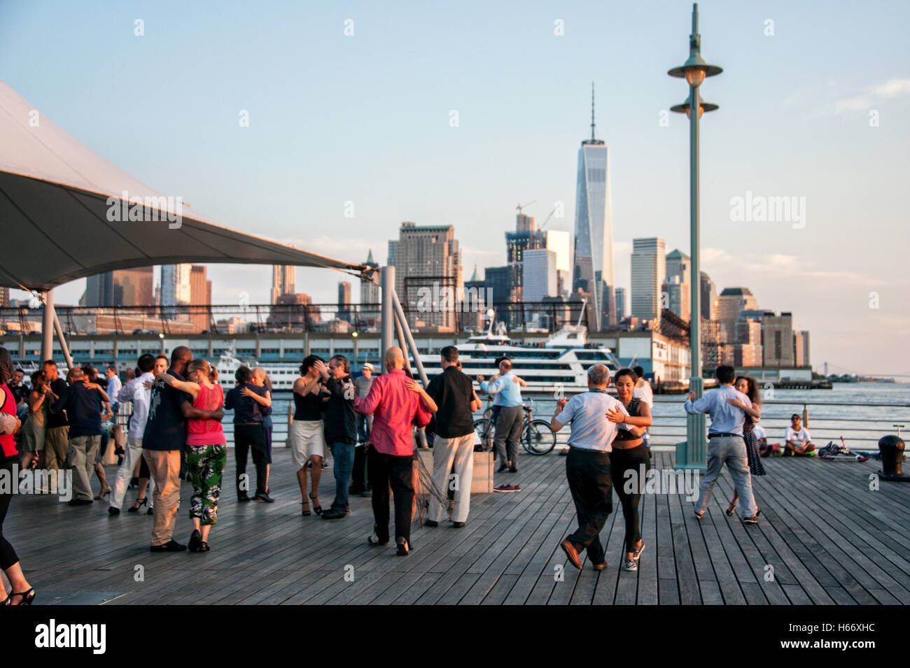 Tango dancer on Pier 45, Hudson River Promenade with view of Lower ...