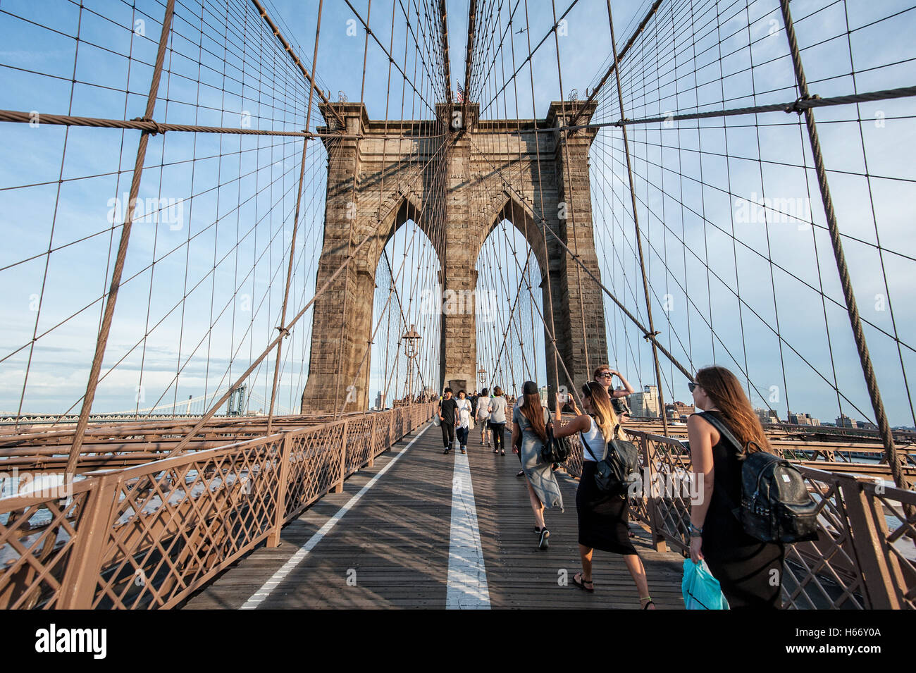 Brooklyn Bridge, steel-wire suspension bridge, East River, connects ...