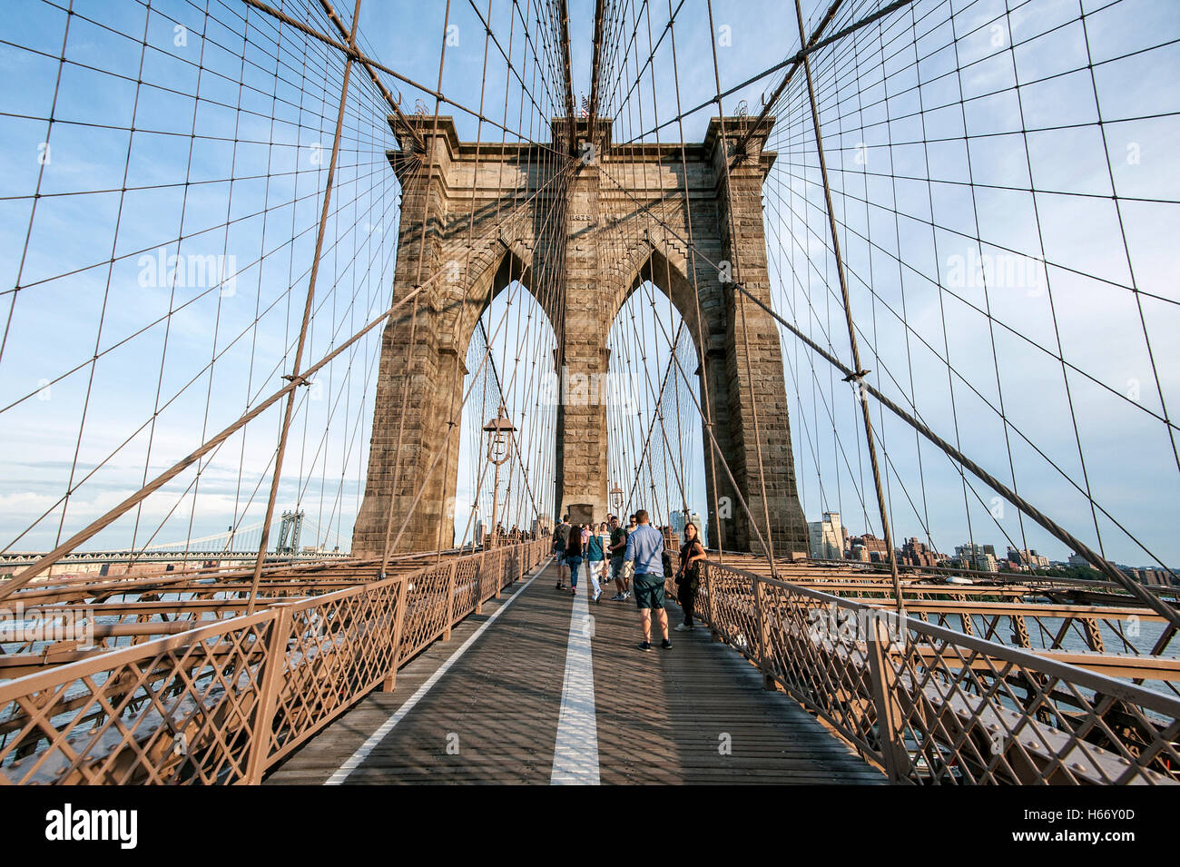 Brooklyn Bridge, steel-wire suspension bridge, East River, connects ...