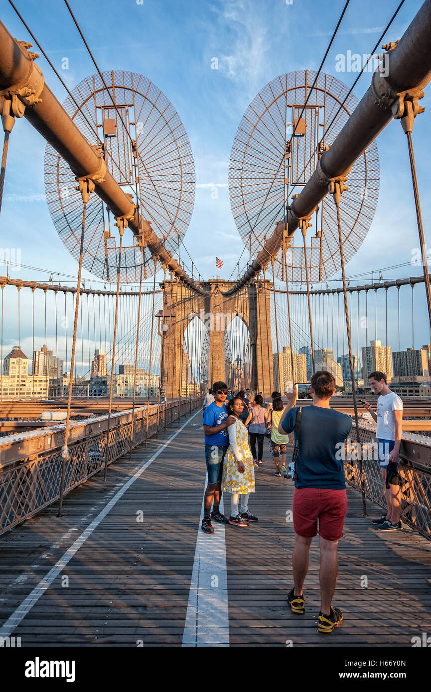 Brooklyn Bridge, steel-wire suspension bridge, East River, connects ...