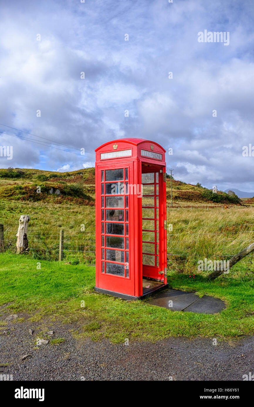 Red telephone box without a door in a remote rural location on the Isle ...
