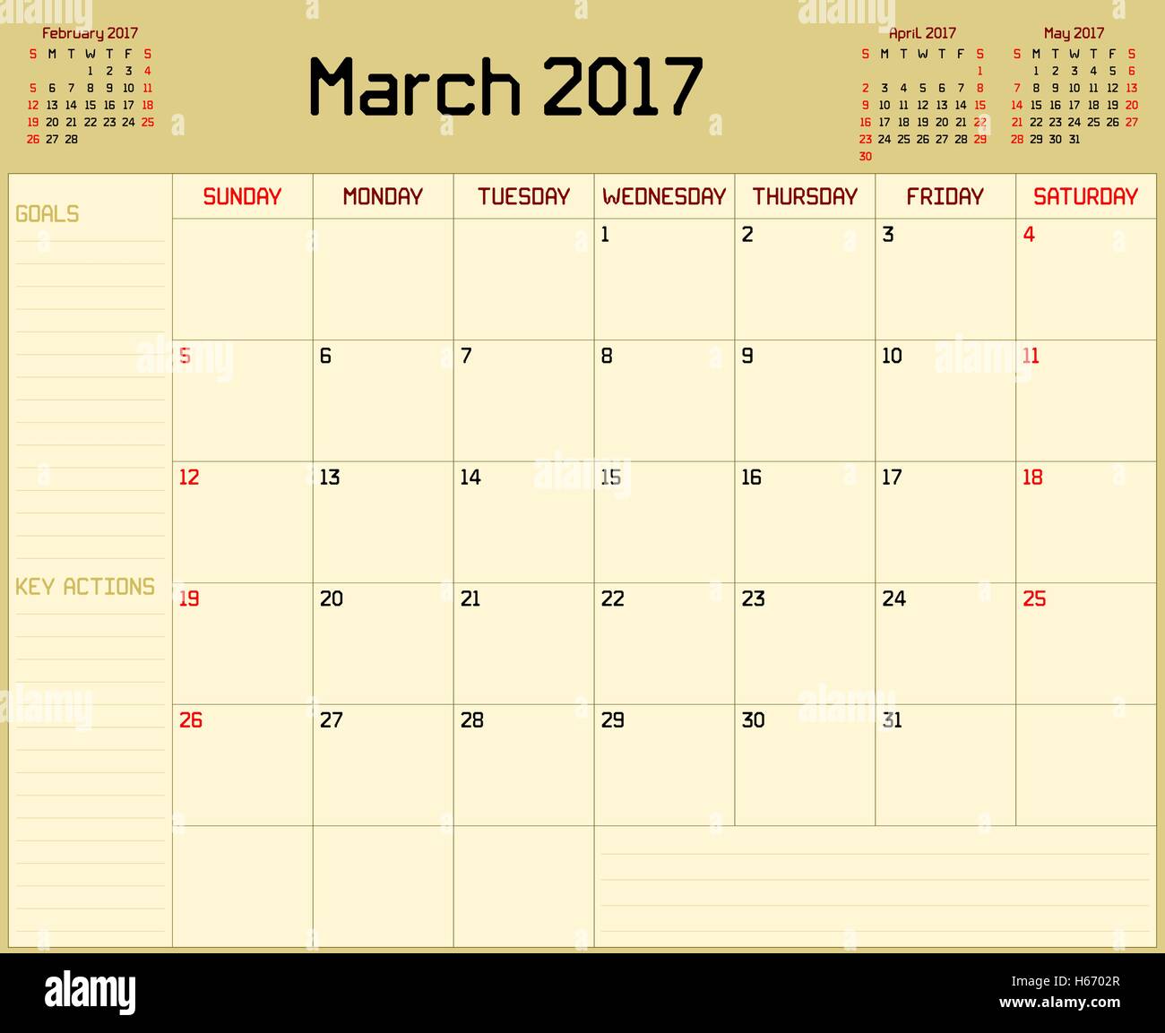 A monthly planner calendar for March 2017 on yellow background. A ...