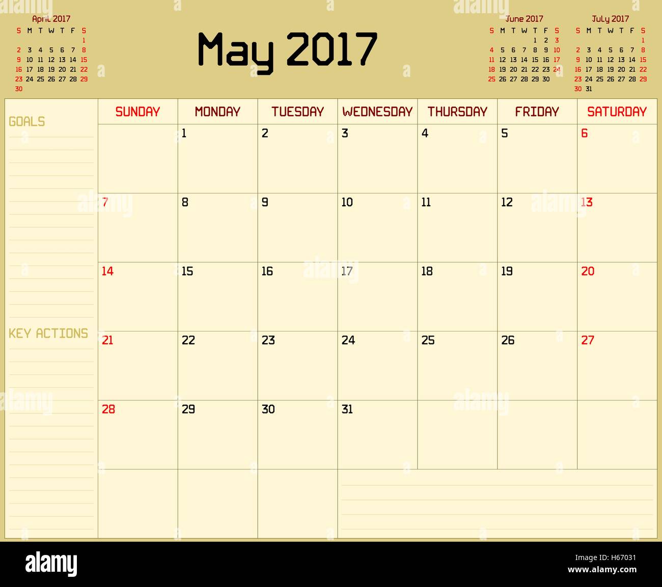 A monthly planner calendar for May 2017 on yellow background. A custom ...