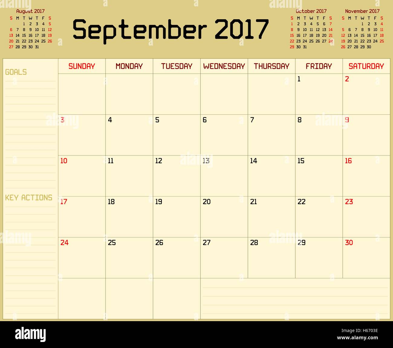 A monthly planner calendar for September 2017 on yellow background. A ...