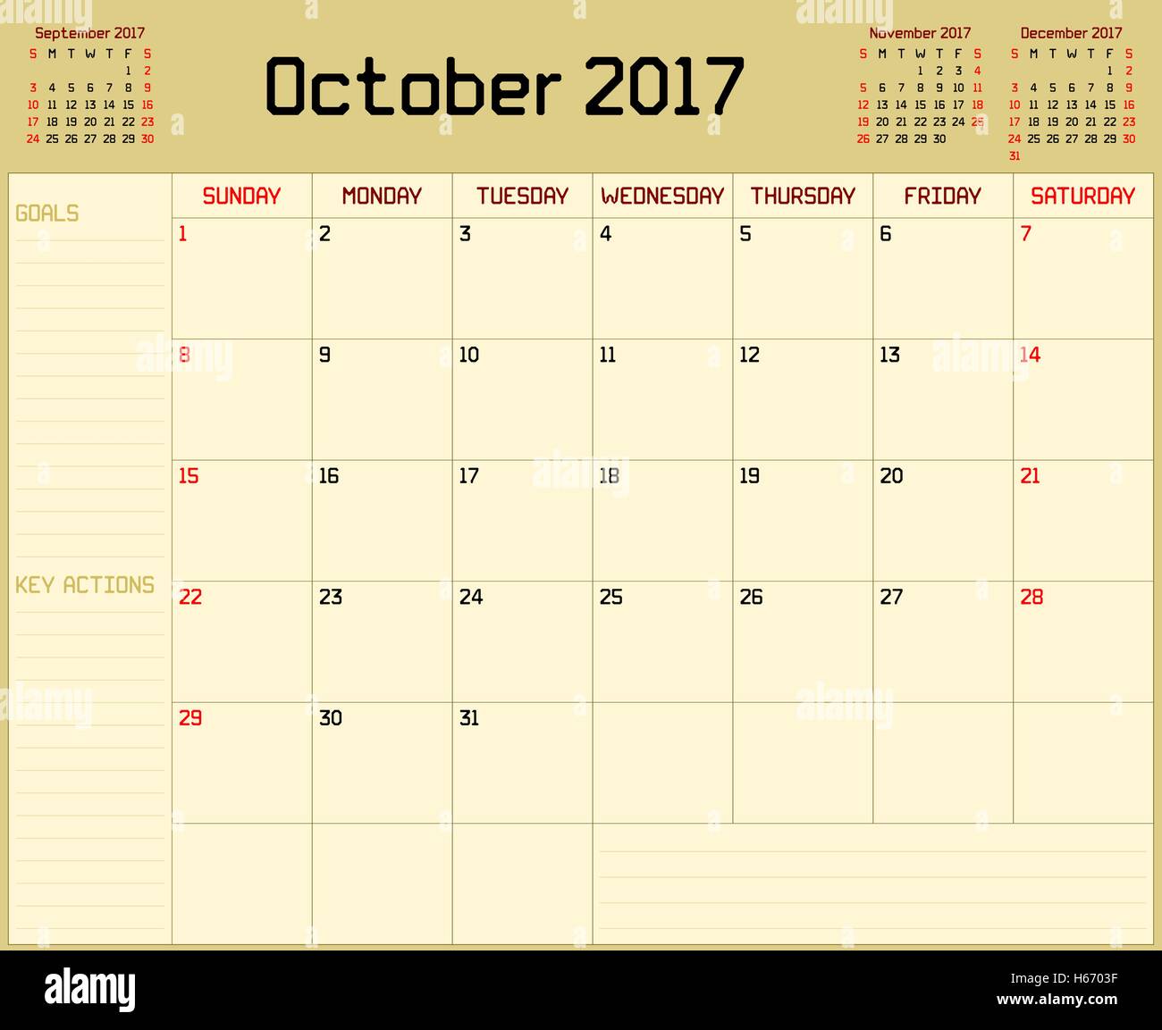 A monthly planner calendar for October 2017 on yellow background. A ...