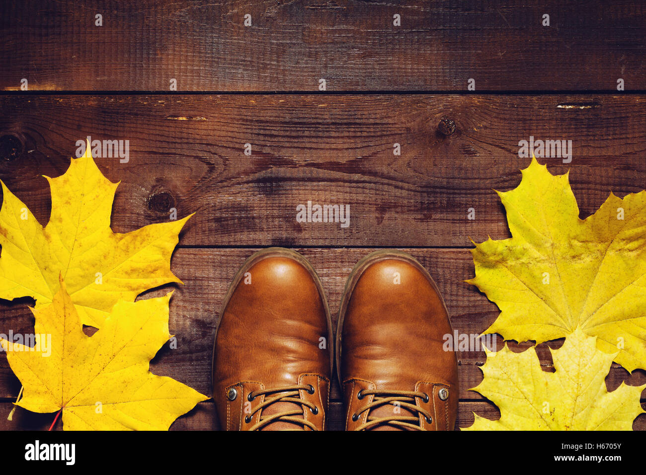 Conceptual autumn background photo: travel shoes and fallen yellow maple leaves on wooden ...