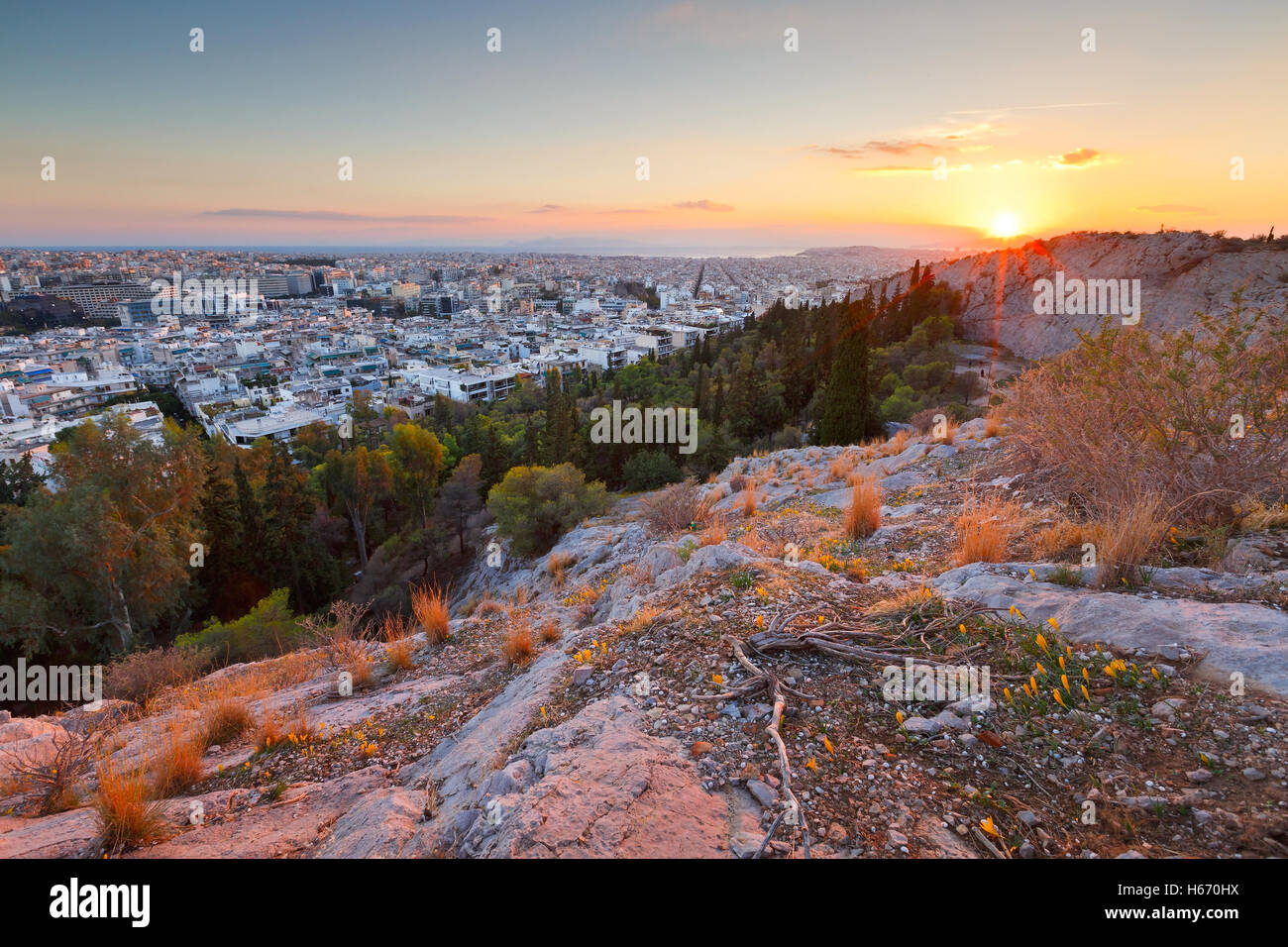 Evening view of Athens from Filopappou hill, Greece Stock Photo - Alamy