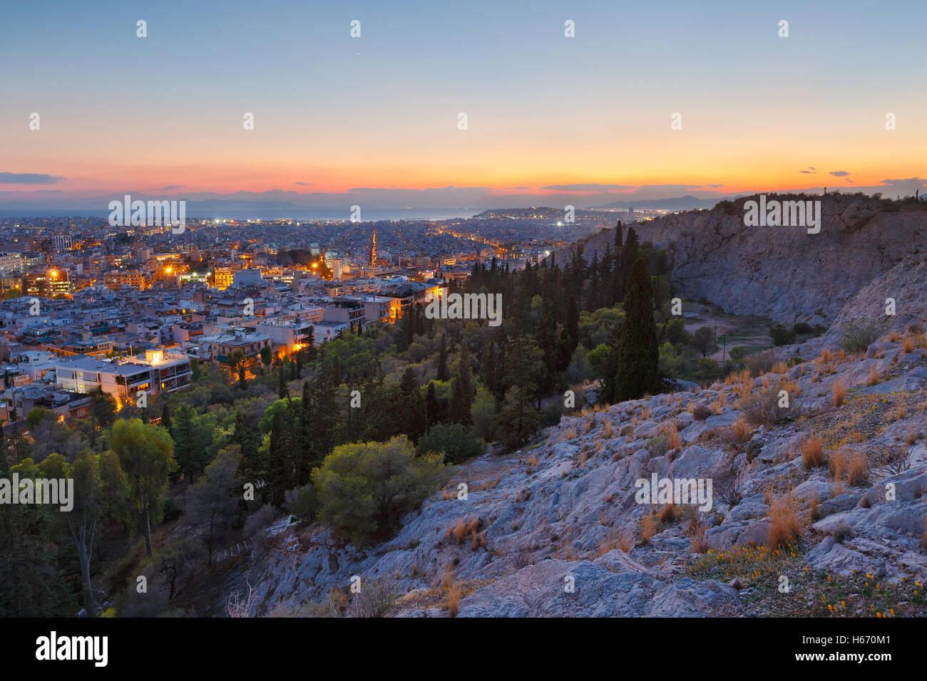 Evening view of Athens from Filopappou hill, Greece Stock Photo - Alamy