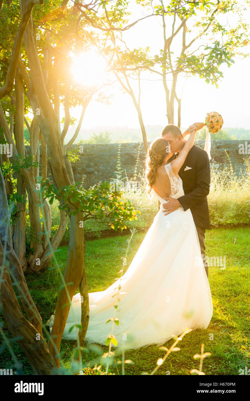 Happy bride and groom on their wedding day fabulous landscape Stock ...