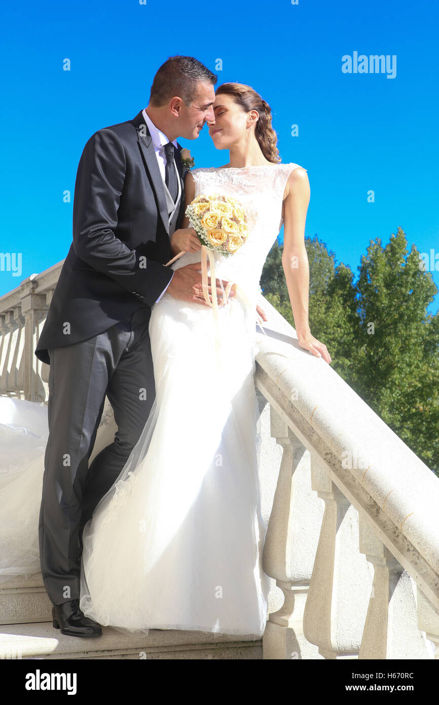 Happy bride and groom on their wedding day fabulous landscape Stock ...