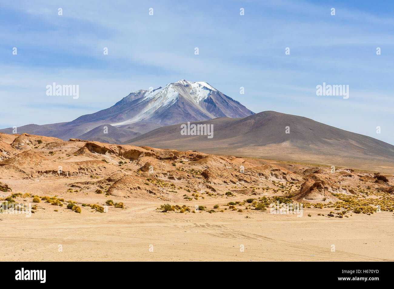 View of a volcano in the High Andean Plateau desert in Bolivia Stock ...