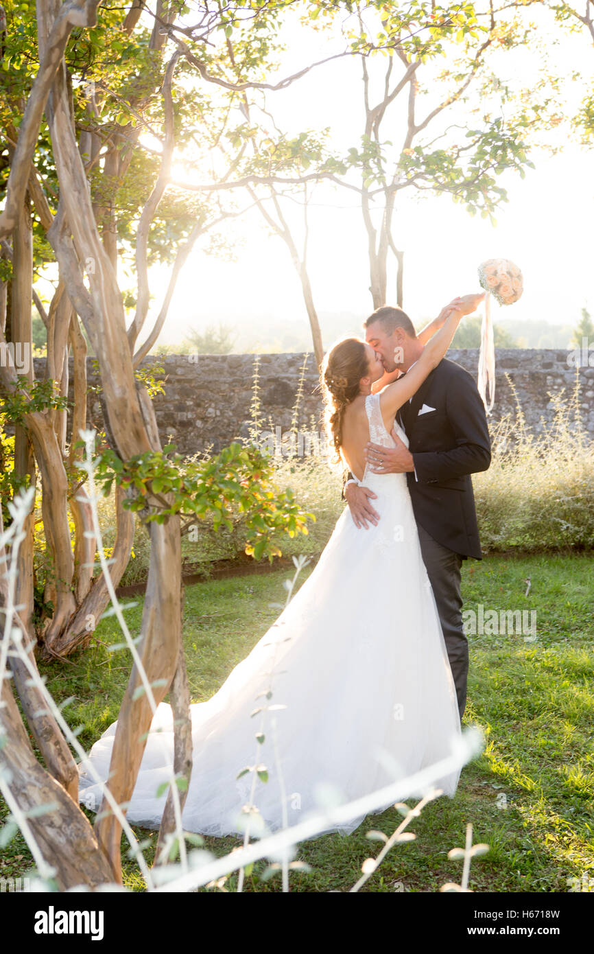 Happy bride and groom on their wedding day fabulous landscape Stock ...
